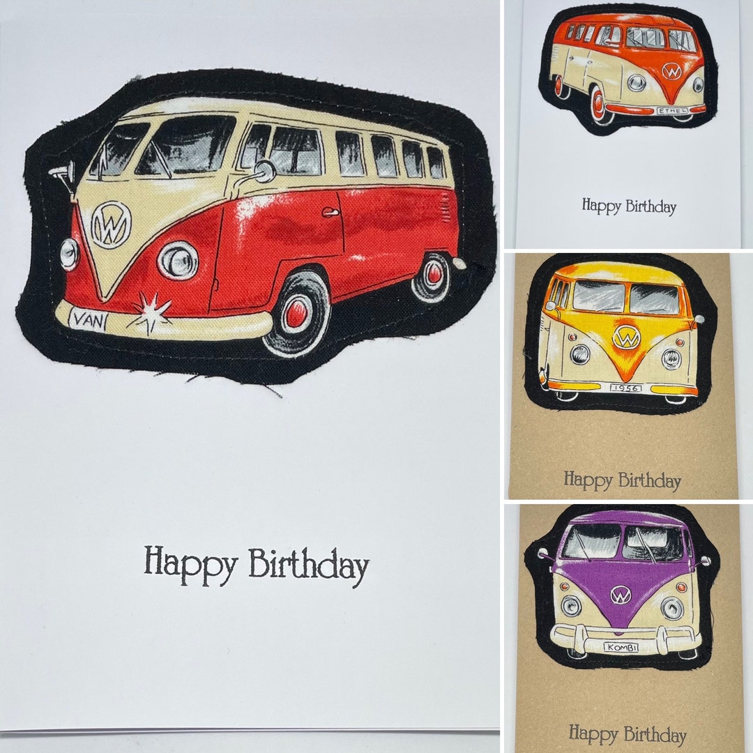 Camper Van Birthday Cards - Fabric Kraft Card. Happy Birthday. Camping ...