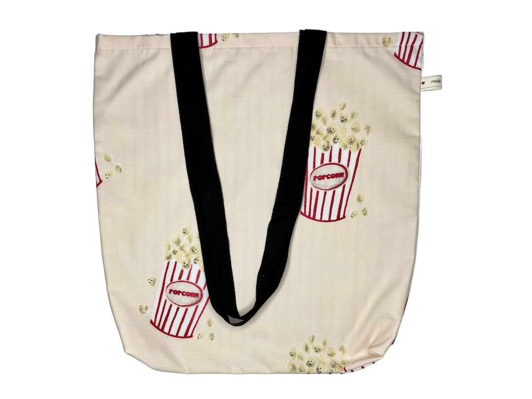 Popcorn Tote Bag. Lined Shopping Bag. Reusable, Cotton Black Handle ...