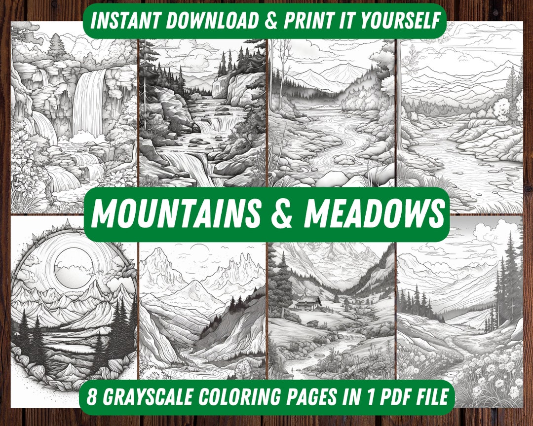 Mountains & Meadows Coloring Book: 8 Printable PDF Pages Featuring ...