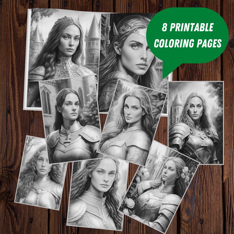 Lady Knights the Grayscale 8 Coloring Pages Instant Download Printable ...