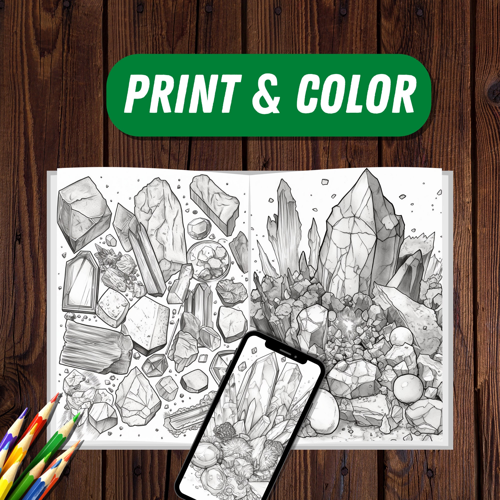 Crystals and Minerals Coloring Book: 8 Printable PDF Pages for Adults ...