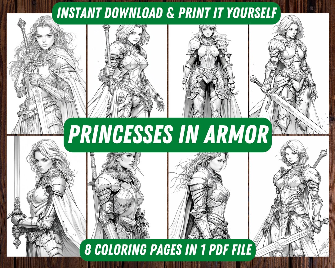 Princesses in Armor Coloring Book: 8 Printable PDF Pages for Adults and ...