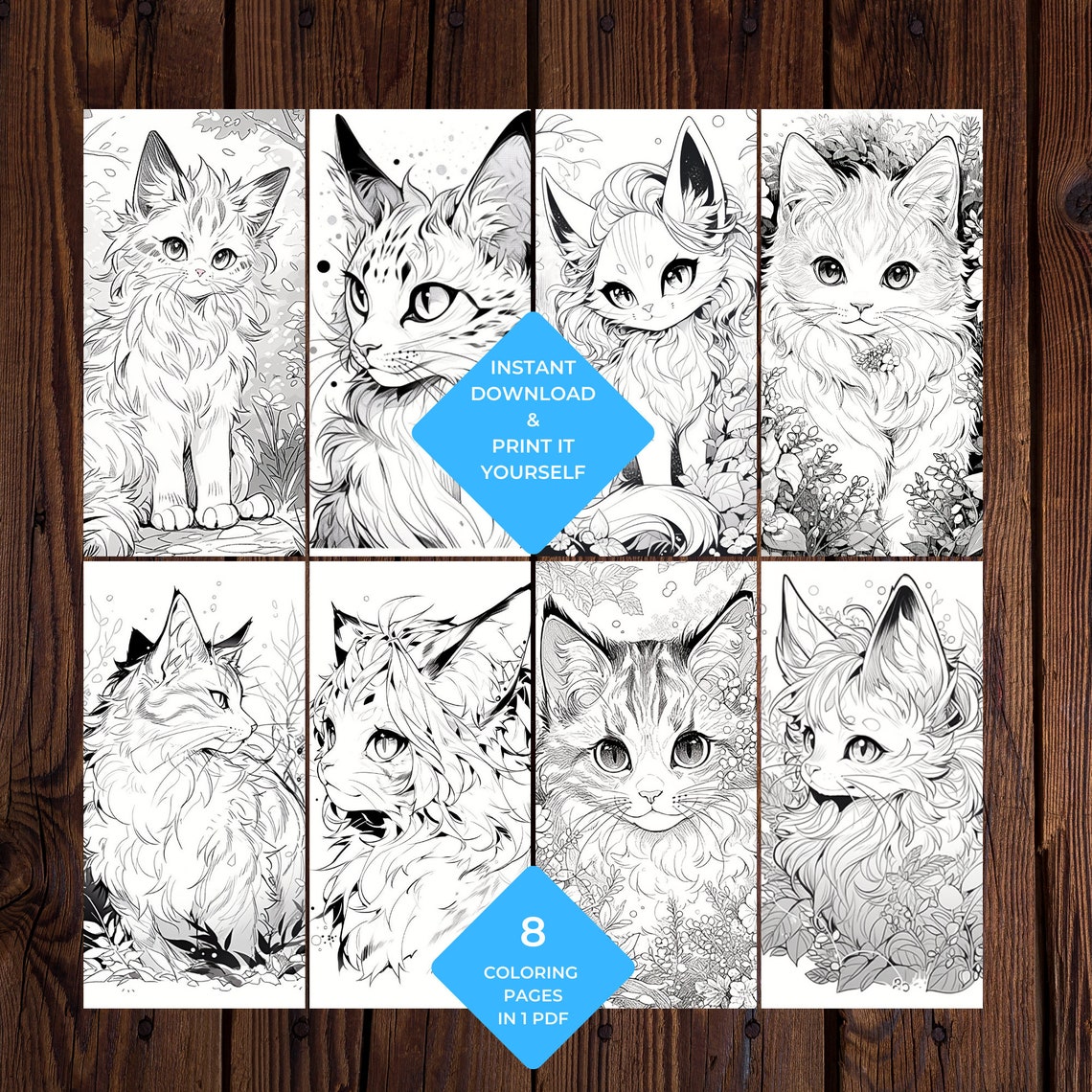 Anime Cats on 8 Coloring Pages as Instant Download Printable PDF in ...