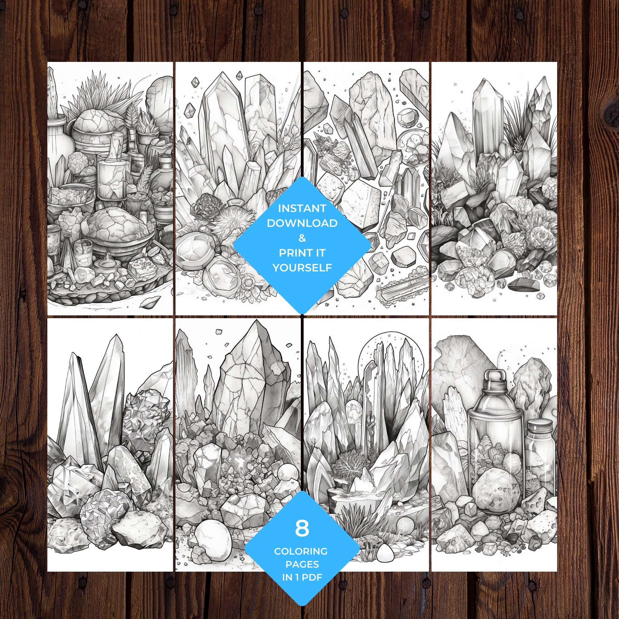 Crystals and Minerals Coloring Book: 8 Printable PDF Pages for Adults ...