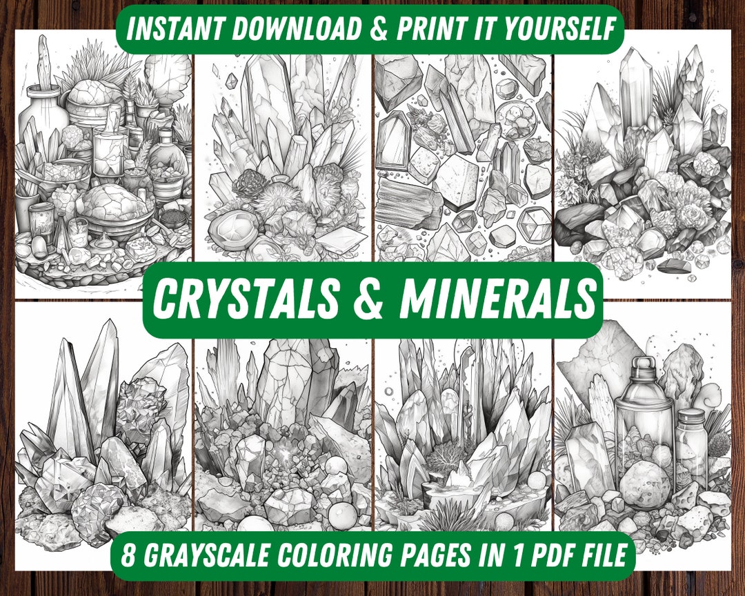 Crystals and Minerals Coloring Book: 8 Printable PDF Pages for Adults ...