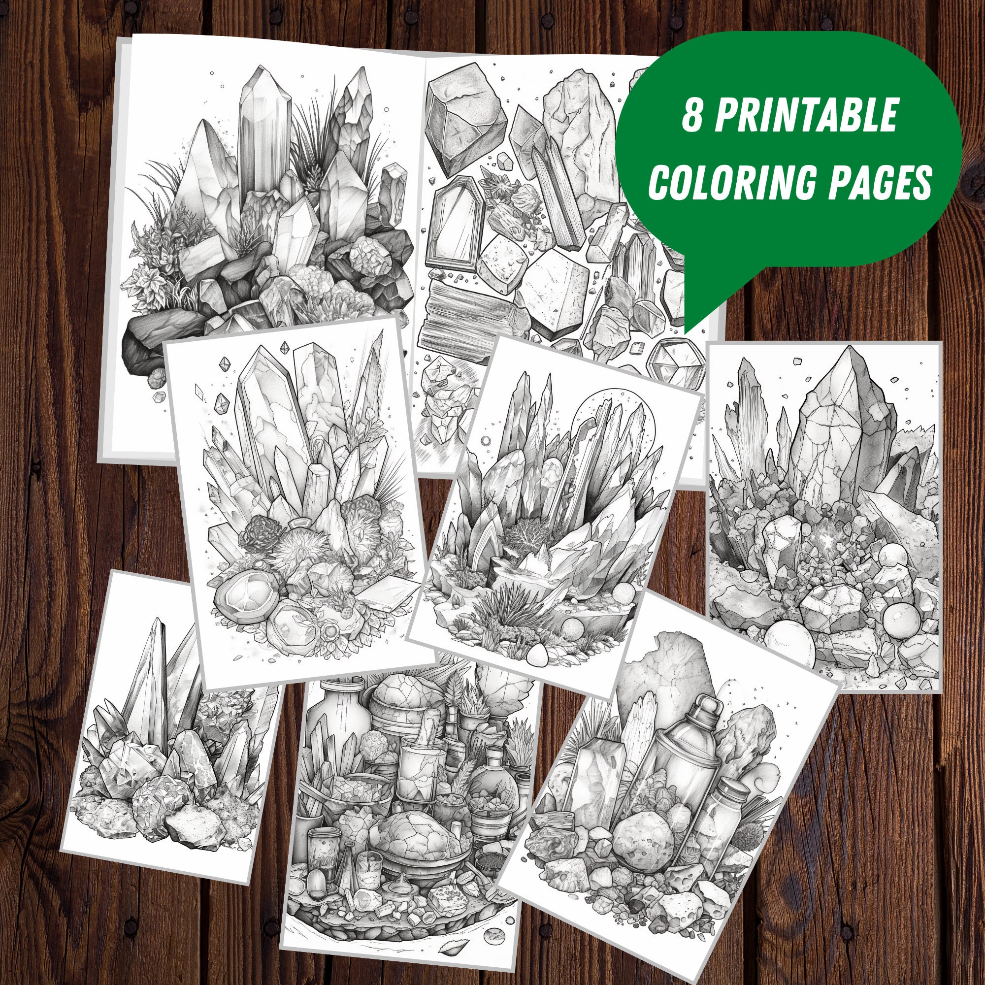 Crystals and Minerals Coloring Book: 8 Printable PDF Pages for Adults ...