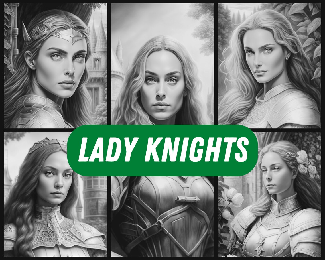 Lady Knights the Grayscale 8 Coloring Pages Instant Download Printable ...