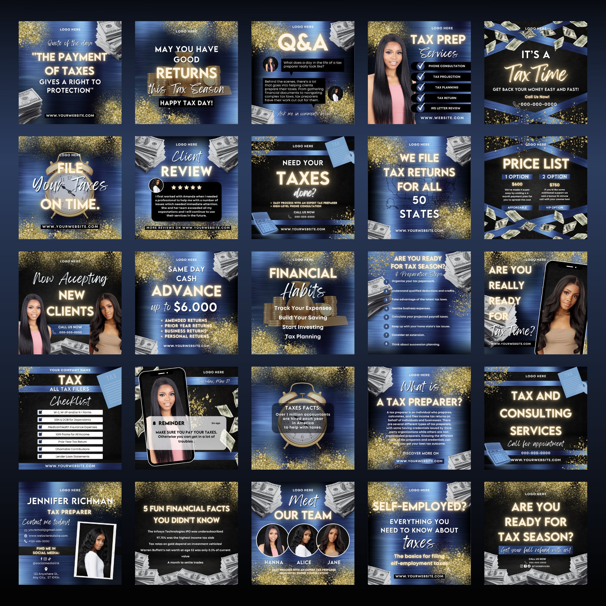 Tax Preparer Instagram Templates,tax Preparation Accounting Posts,blue ...
