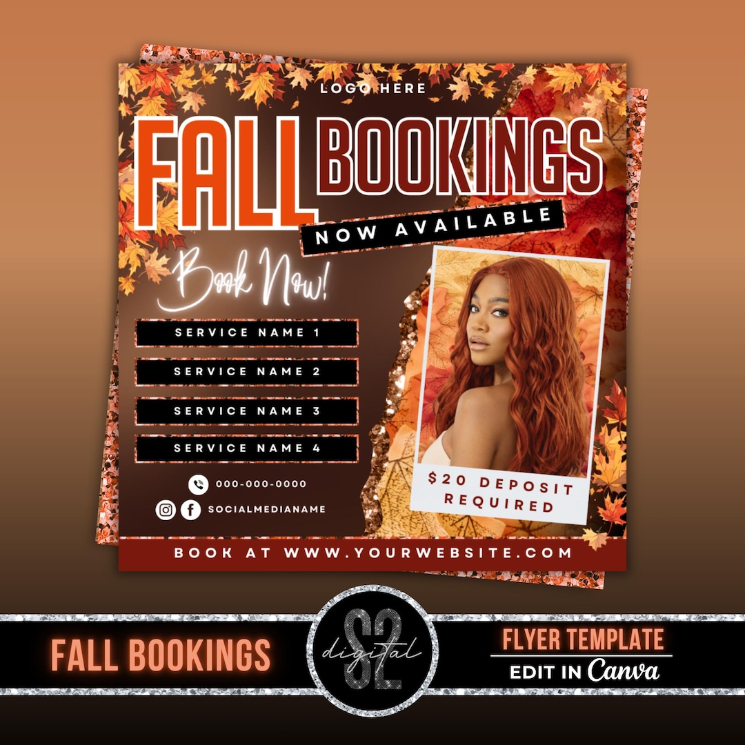 Fall September Booking Flyer Template, Fall Book Now Flyer, Hair, Lash ...