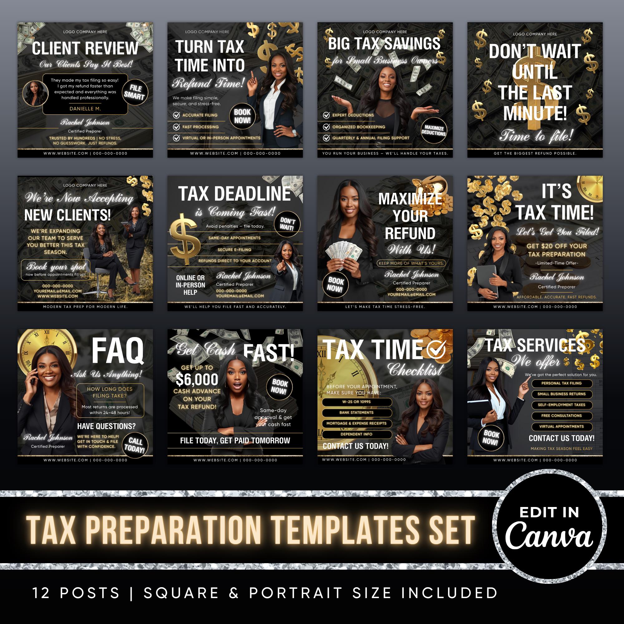 Tax Preparer Flyer Templates, Tax Preparation Instagram Posts, Gold Tax ...