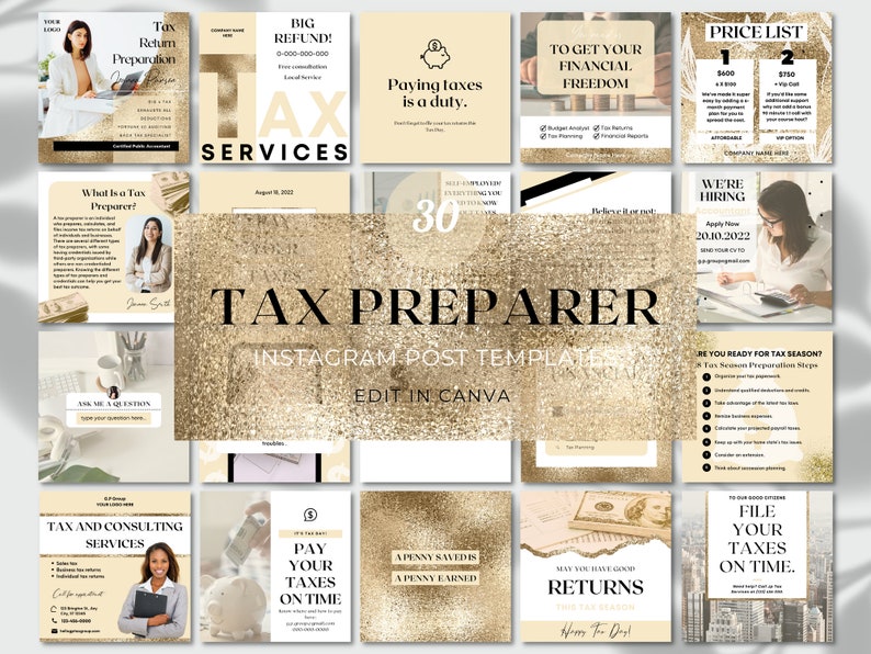 Tax Preparer Instagram Templates,tax Preparation Accounting Posts,gold ...