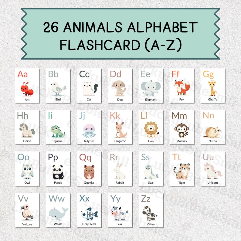 Animals Alphabet Flash Cards, ABC Flash Card, Letters Flashcard ...