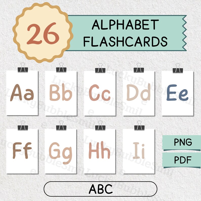 26 ABC Alphabet Flash Cards, ABC Flash Card, Letters Flashcard, Neutral ...