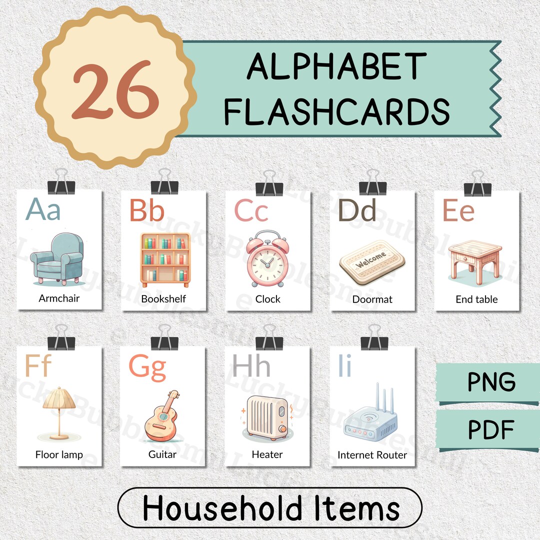 26 Household Item Alphabet Flash Cards, ABC Flash Card, Letters ...