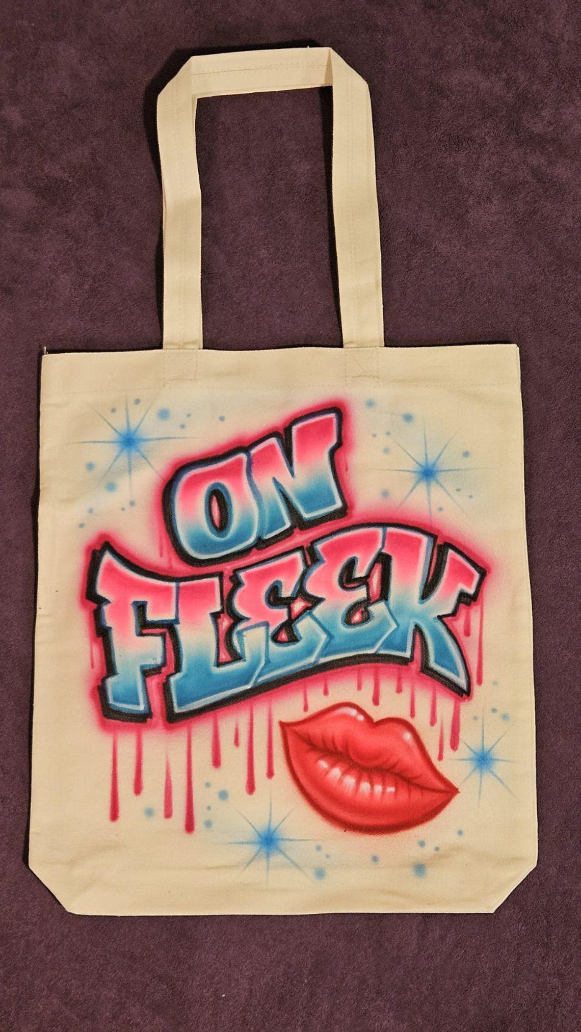 Cute Airbrushed on Fleek Red Lips Drip Custom Tote Blue Pink Sparkles ...