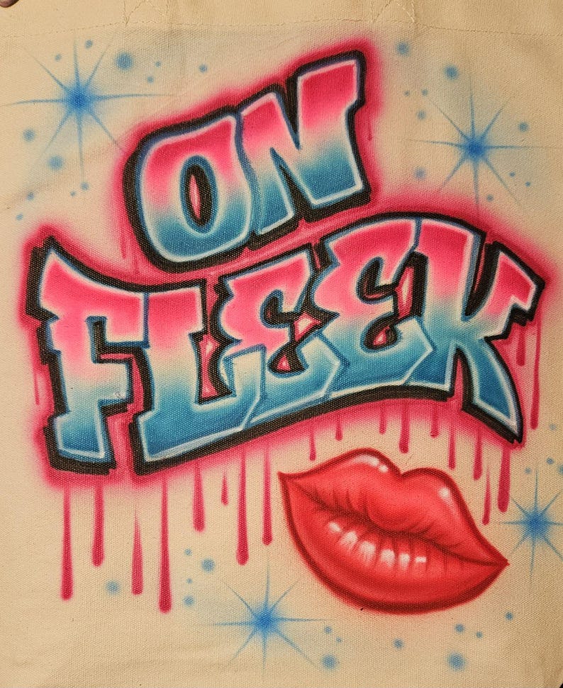 Cute Airbrushed on Fleek Red Lips Drip Custom Tote Blue Pink Sparkles ...