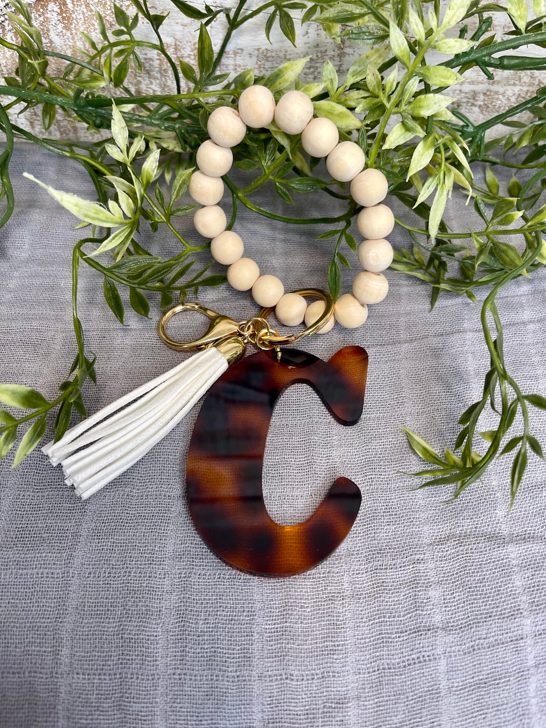 Personalized Wooden Bead Wristlet,key Ring Bracelet,elastic Key Ring ...