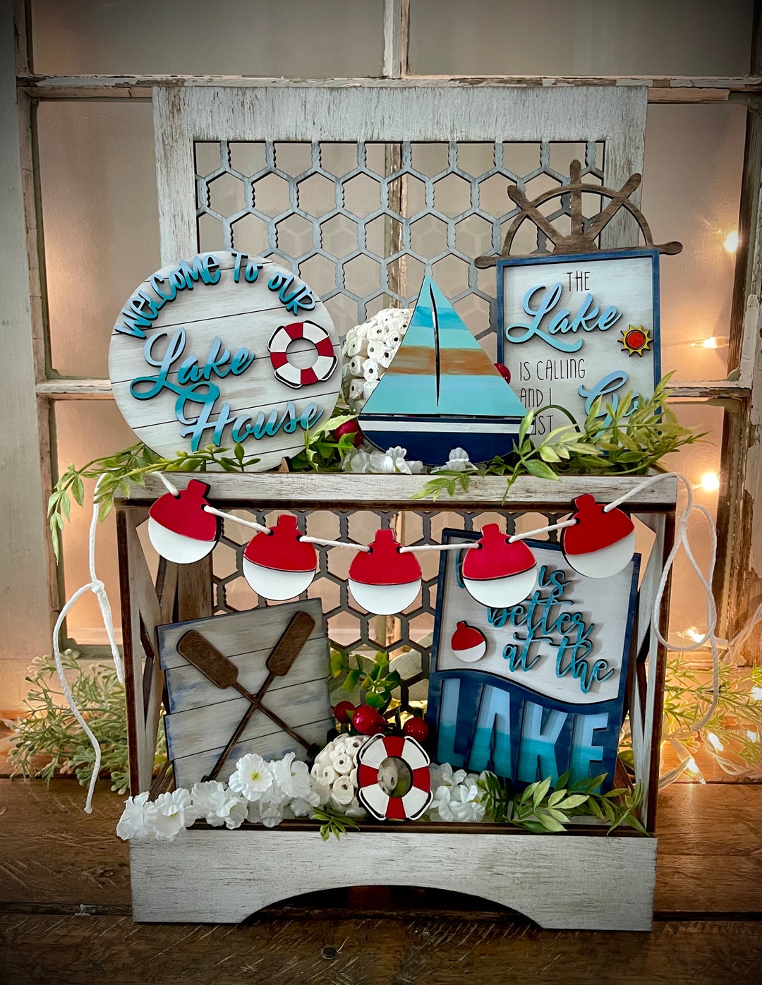 Lake Life Tiered Tray Set, Sailboat, Cottage, Bobbers, Lake, Paddles ...