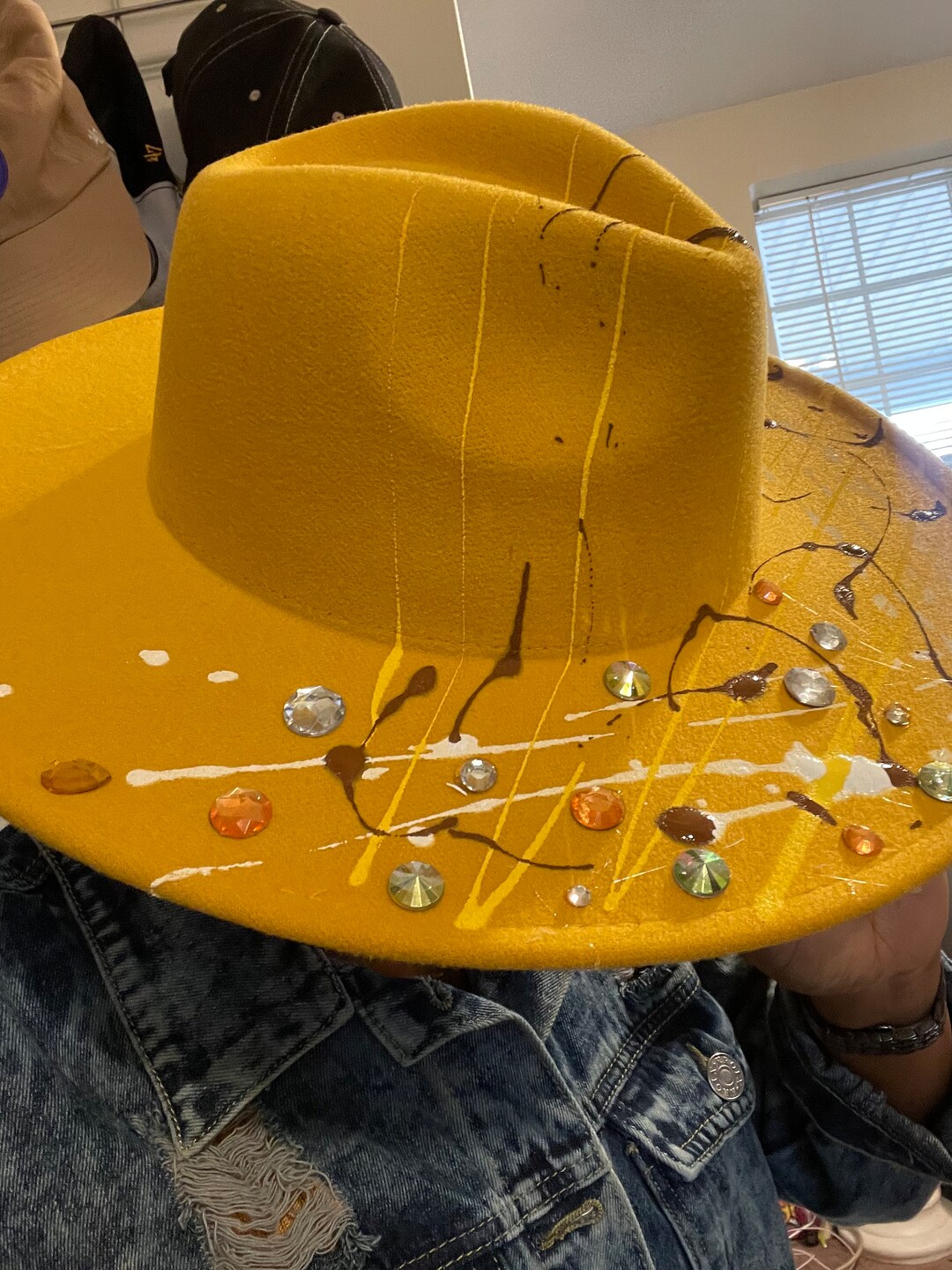 Customized Hand Painted Yellow Fedora Hat With Gemstone - Etsy