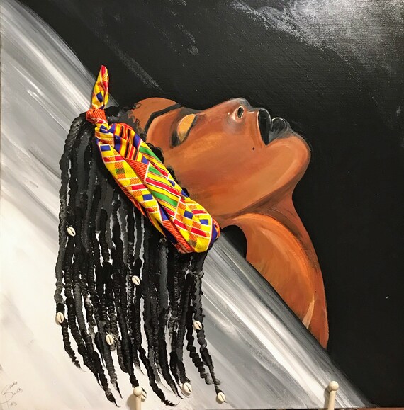Cowrie shells painting Kente cloth painting Woman of Color | Etsy