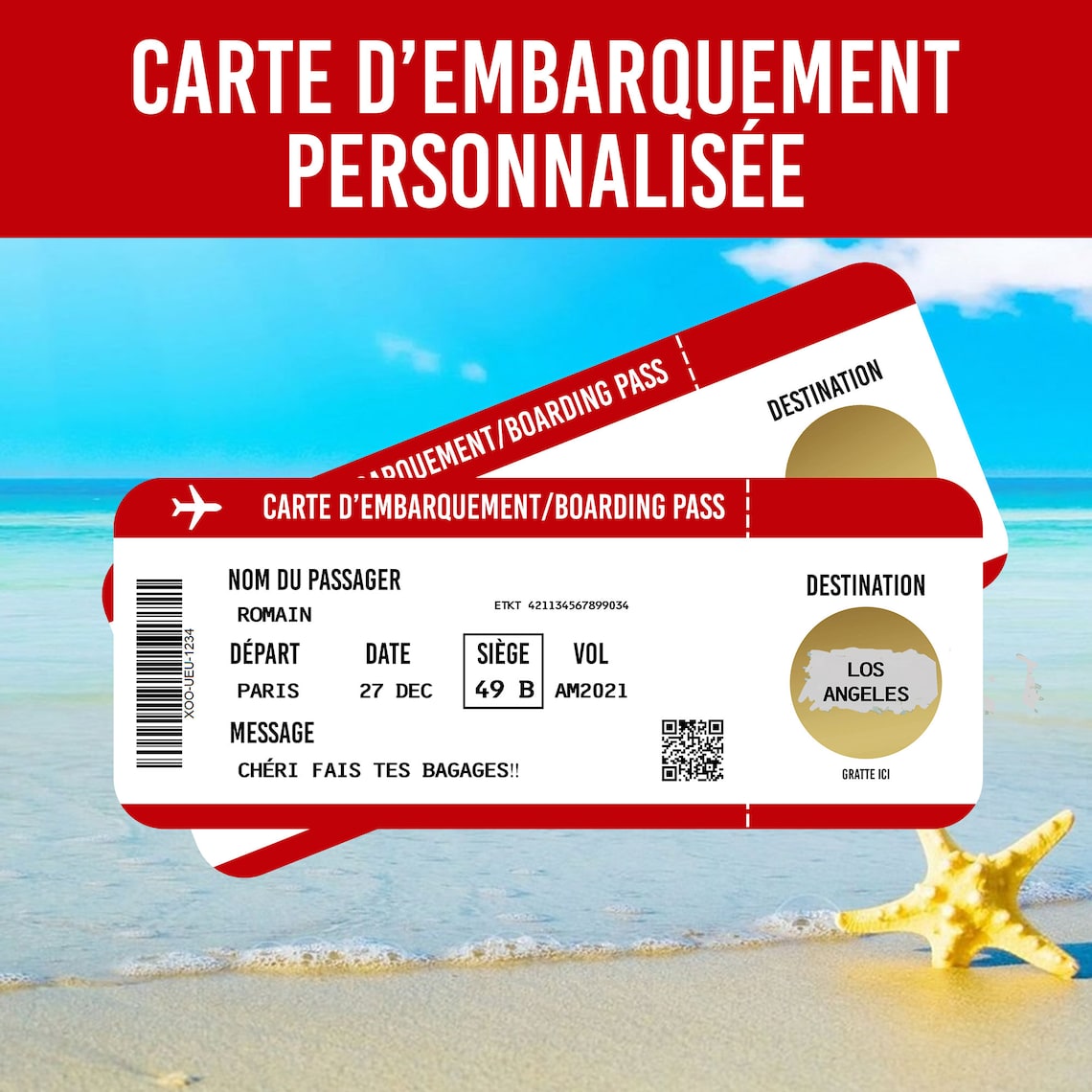Billet d'embarquement personnalisable.Carte à gratter voyage.Carte à ...