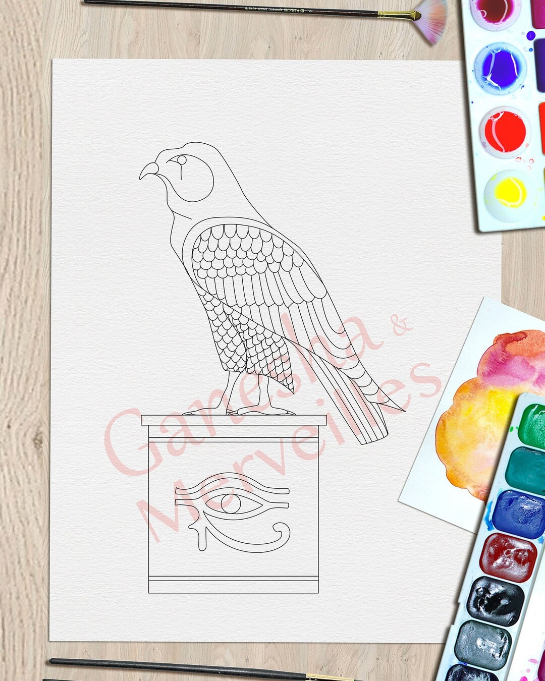 Coloring Page to Download Falcon and Eye of Horus Oudjat, Ancient Egypt ...