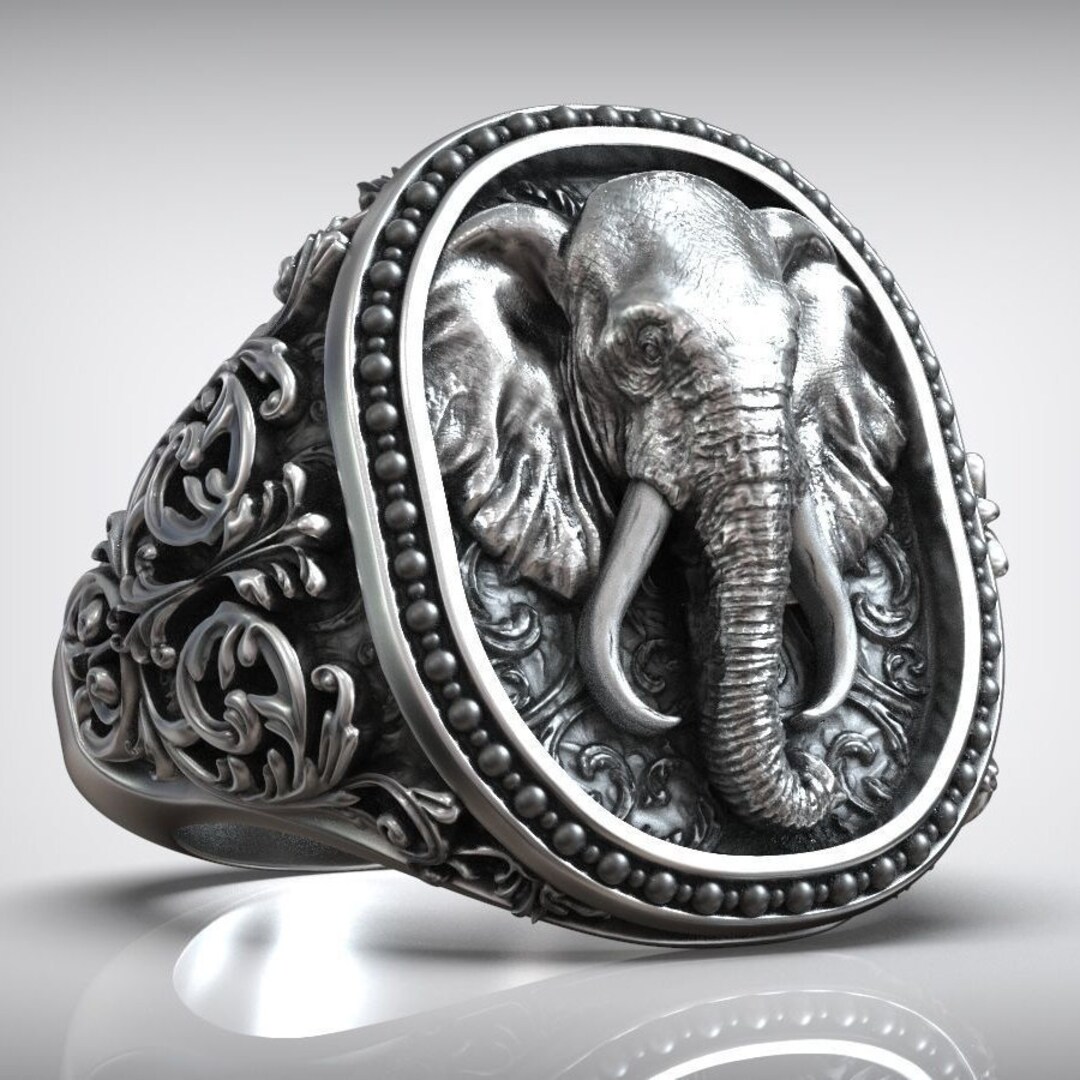 Elephant Head Antique Pattern Men Ring, Elephant Luck Signet Ring for ...