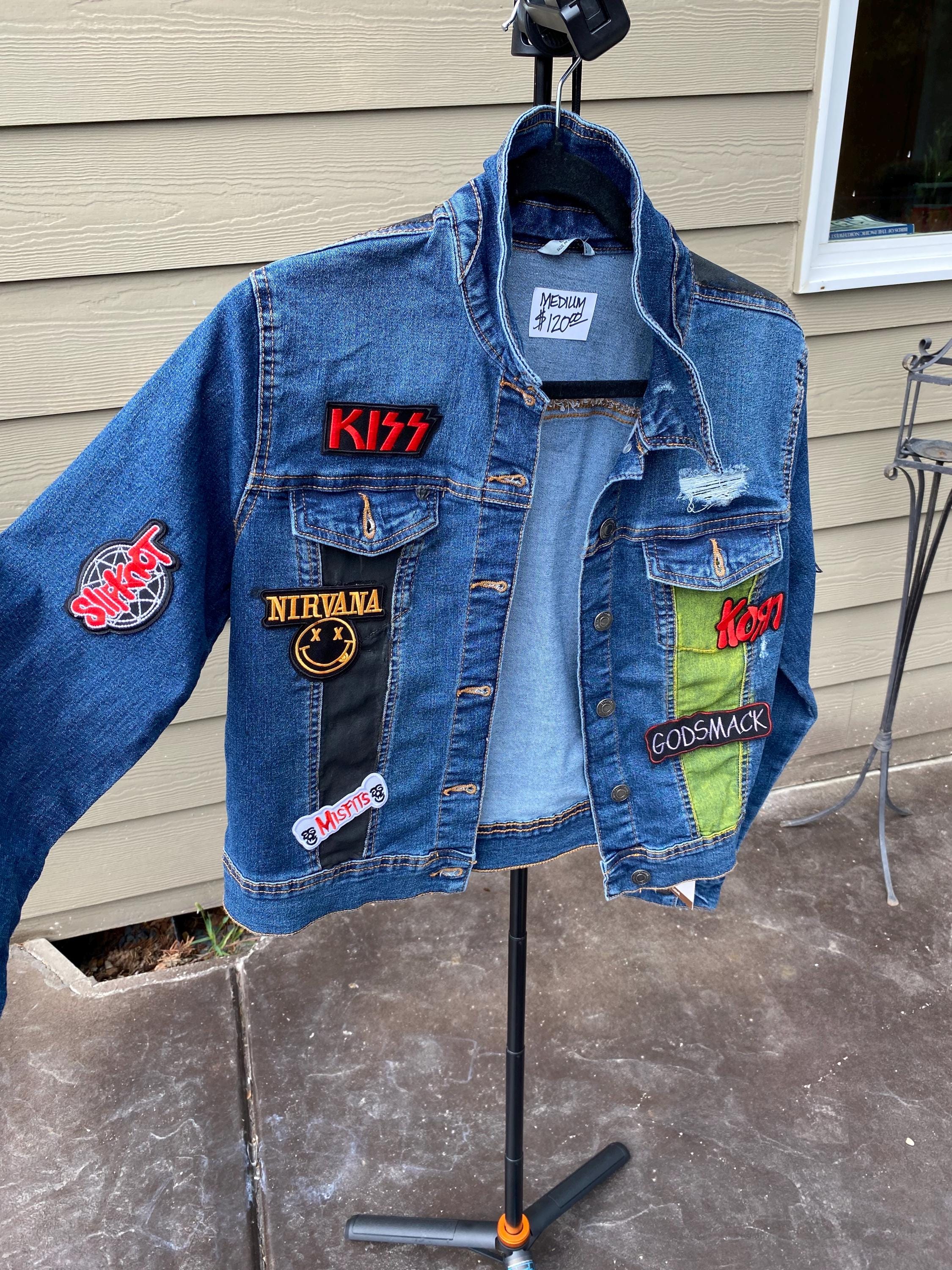 Custom Retro Style Rocker Denim Jacket With Band Patches One of a Kind ...