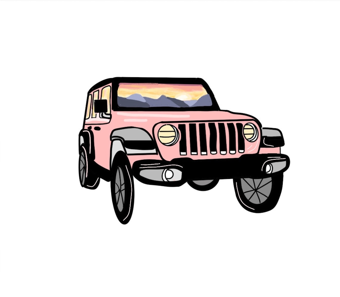 Glossy Sticker Cute Pink Jeep With Sun Set and Mountains - Etsy