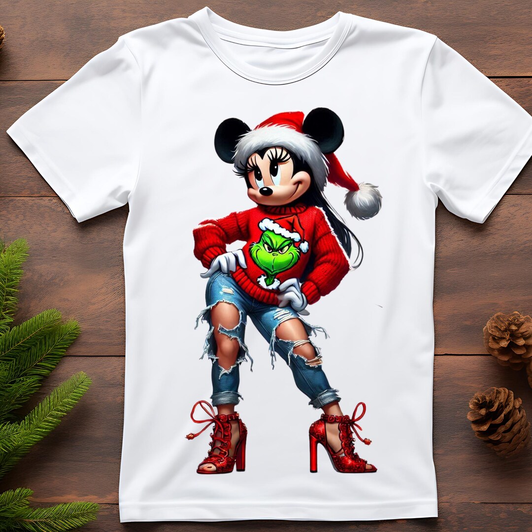 Adult Minnie Mouse With Ripped Jeans and a Grinch Sweater Png File, DTF ...
