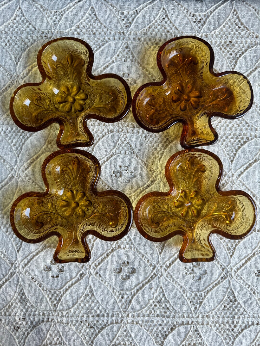 VINTAGE Indiana Glass Tiara Amber Snack Dishes Card Table Clover/club ...