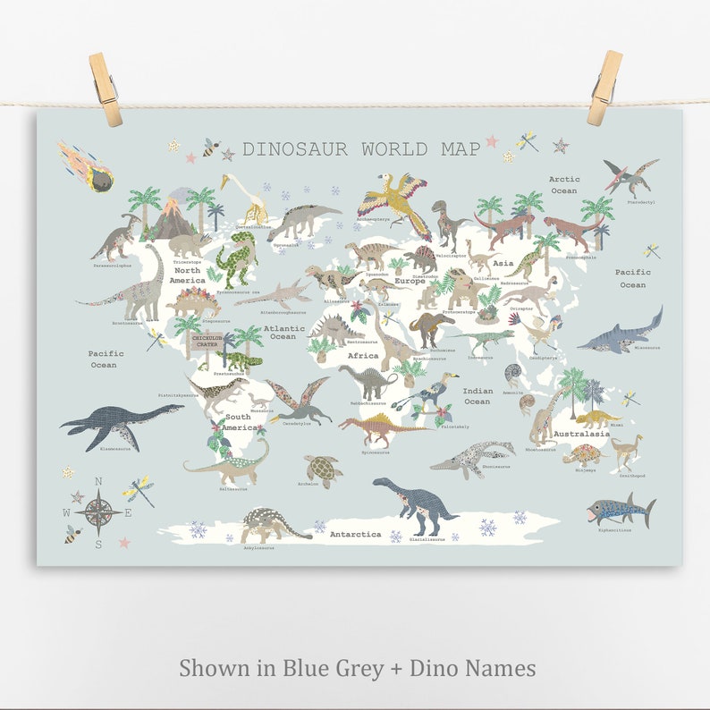 DINOSAUR World Map Various Colours Childrens Map Map of - Etsy