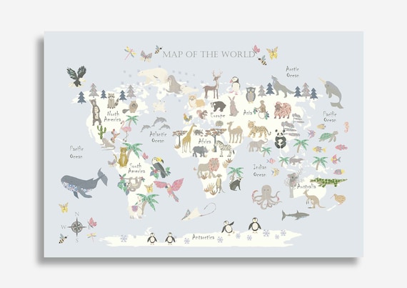 ANIMAL World Map FLORAL EDITION Childrens Map Map of the - Etsy UK