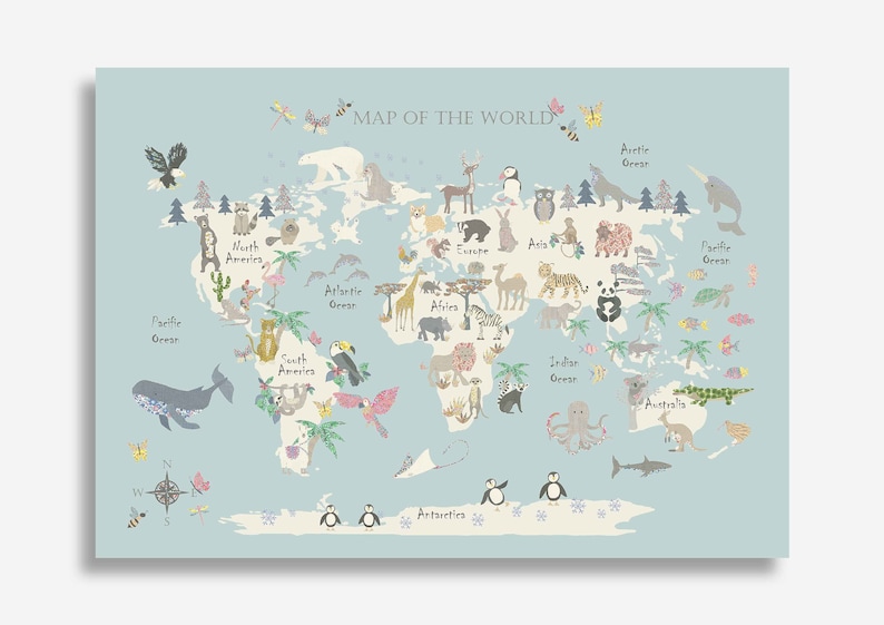 ANIMAL World Map FLORAL EDITION Children's Map Kids - Etsy