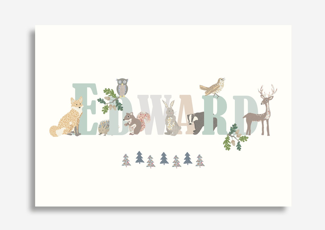 Floral Edition Woodland Animals Personalised Name Print - Alphabet ...