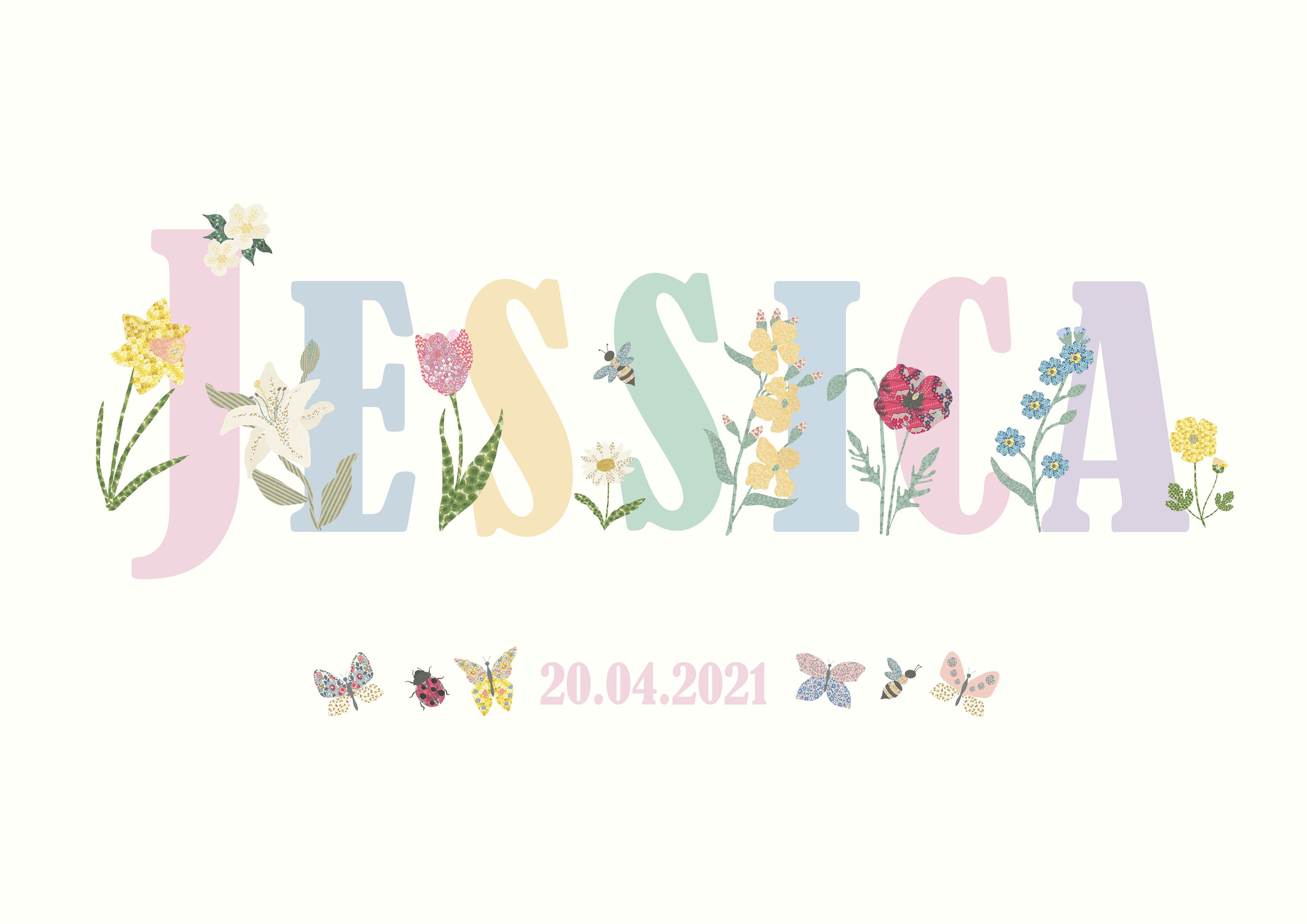 Flowers Personalised Name Print Floral Nursery Print | Etsy