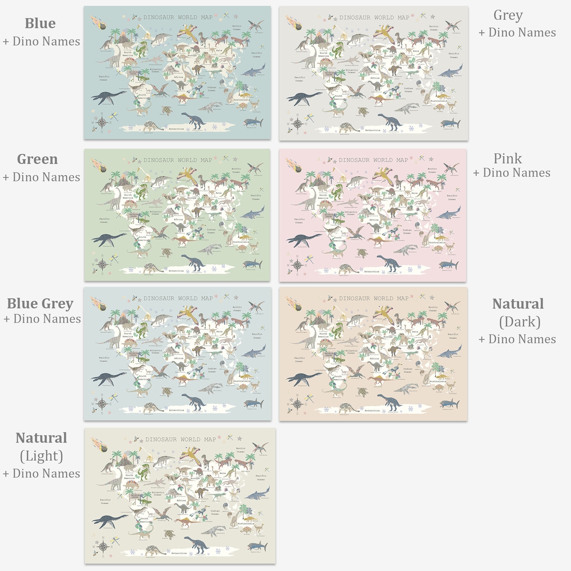 DINOSAUR World Map Various Colours Childrens Map Map of - Etsy