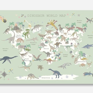 DINOSAUR World Map - Various Colours - Childrens Map - Map of the World ...