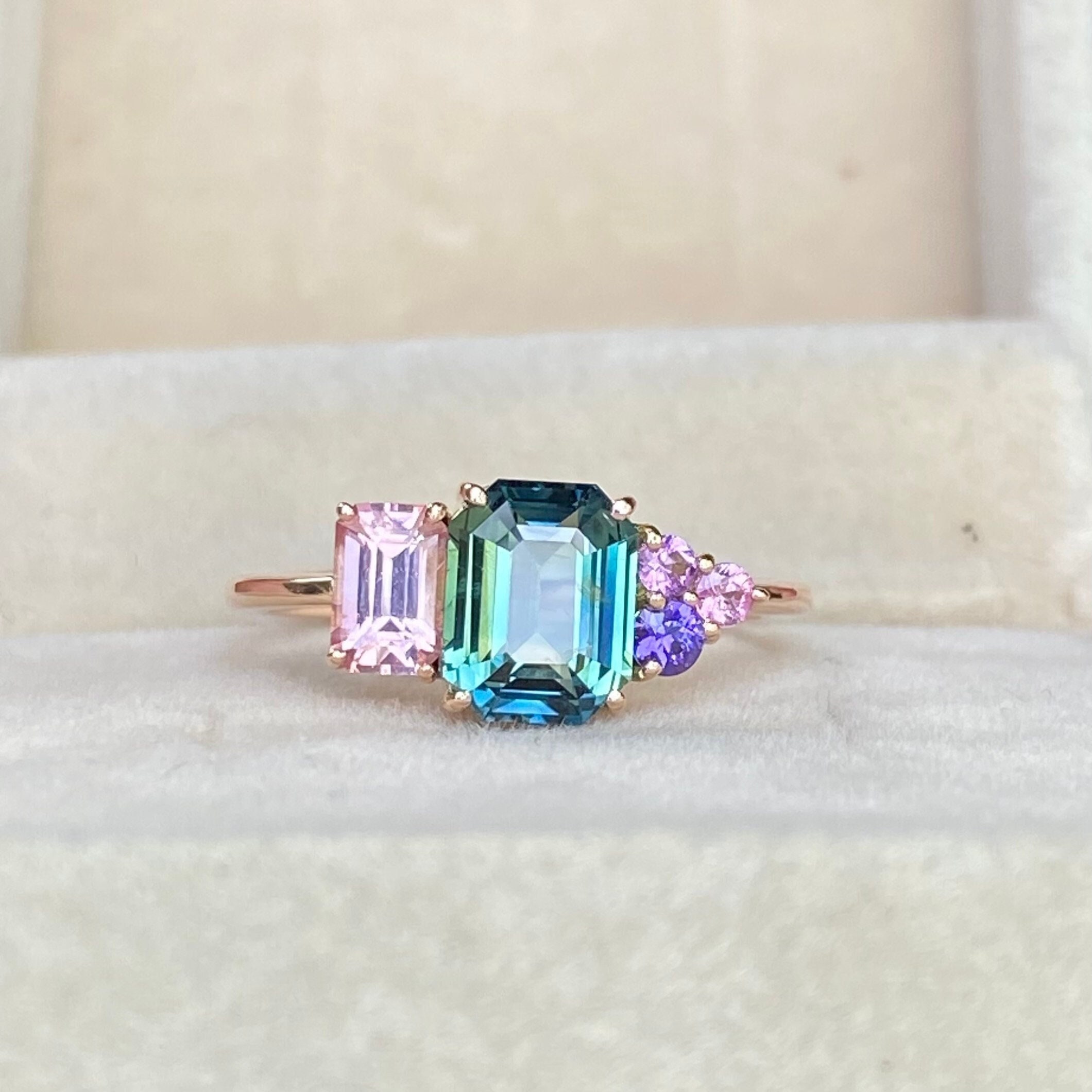 Blue Green Sapphire Ring Green Sapphire Ring Teal Cluster | Etsy