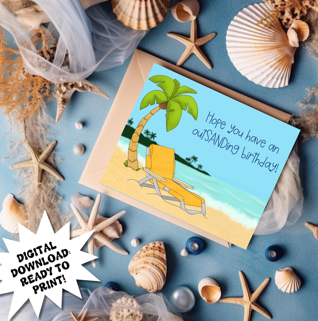 Printable Beach Birthday Card: Tropical Vacation Design (digital ...
