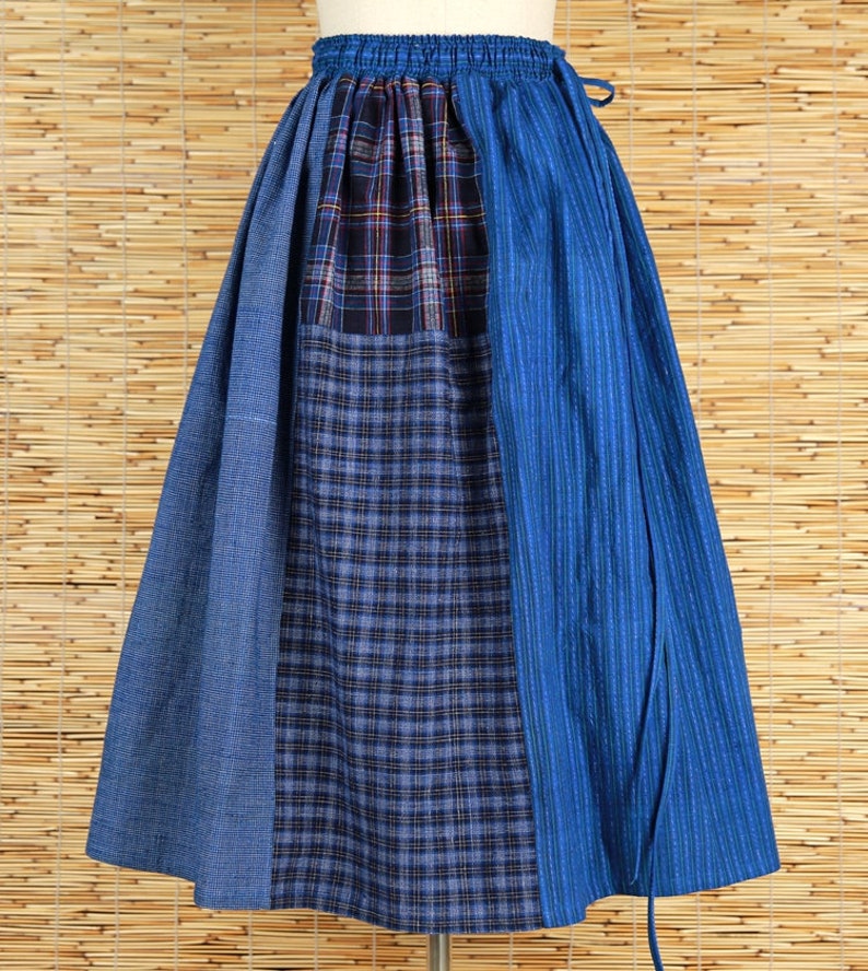 Blue Patchwork Skirt, Vintage Handmade Elastic Waist Cotton Linen Skirt ...