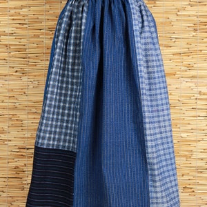 Blue Patchwork Skirt, Vintage Handmade Elastic Waist Cotton Linen Skirt ...