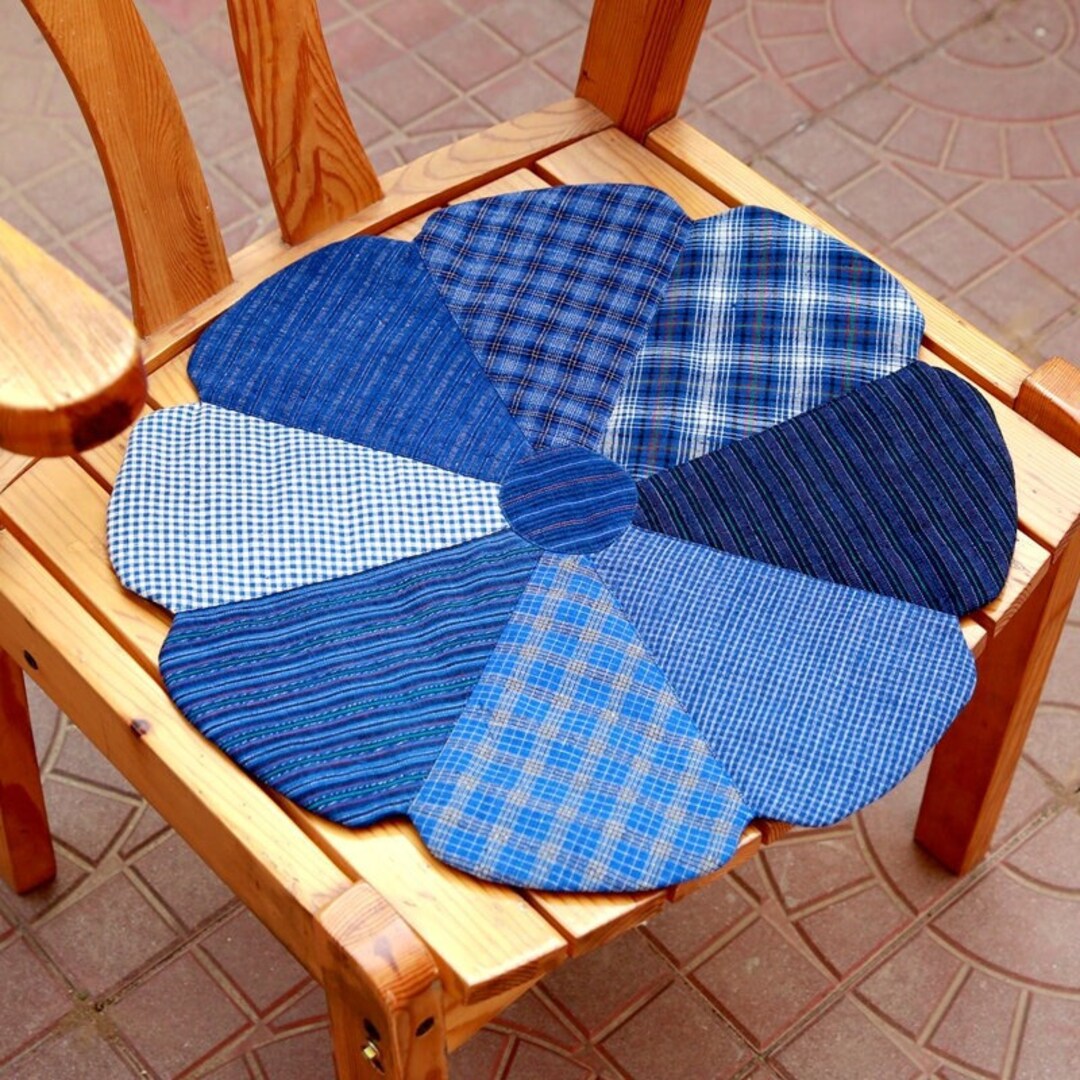 Blue Patchwork Round Chair Pads, Vintage Japanese Cotton Linen Pads ...