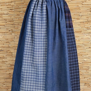 Blue Patchwork Skirt, Vintage Handmade Elastic Waist Cotton Linen Skirt ...