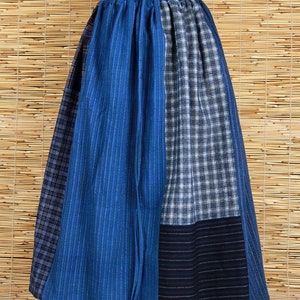 Blue Patchwork Skirt, Vintage Handmade Elastic Waist Cotton Linen Skirt ...