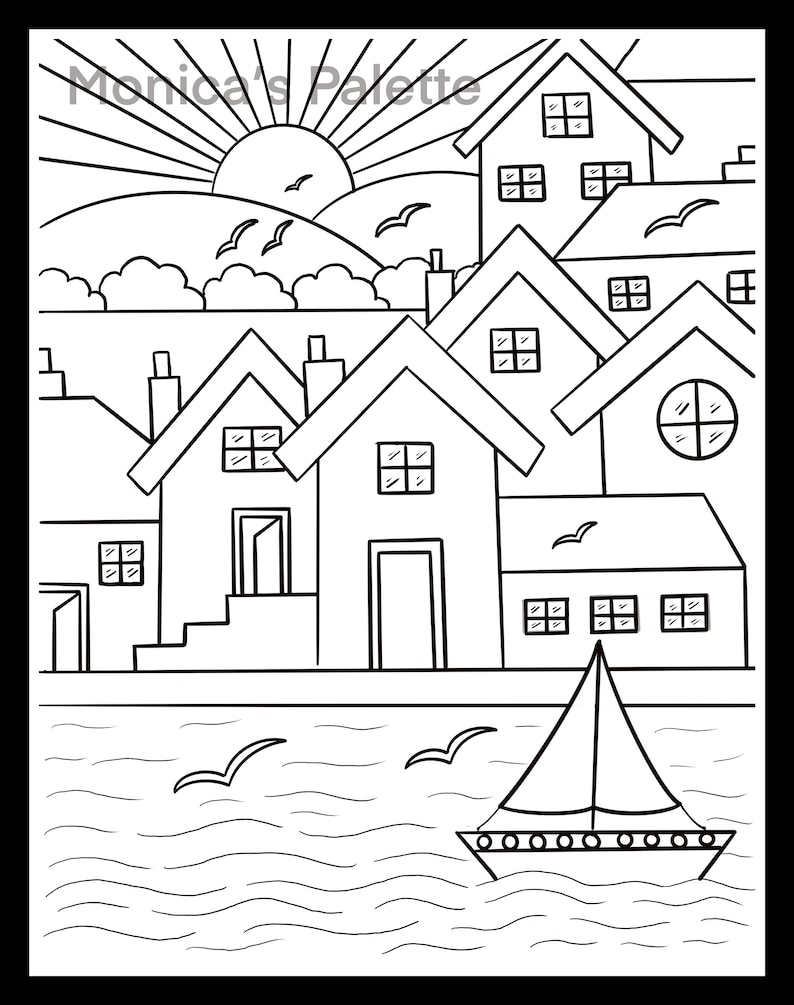 Coloring Page - River, Buildings - Etsy