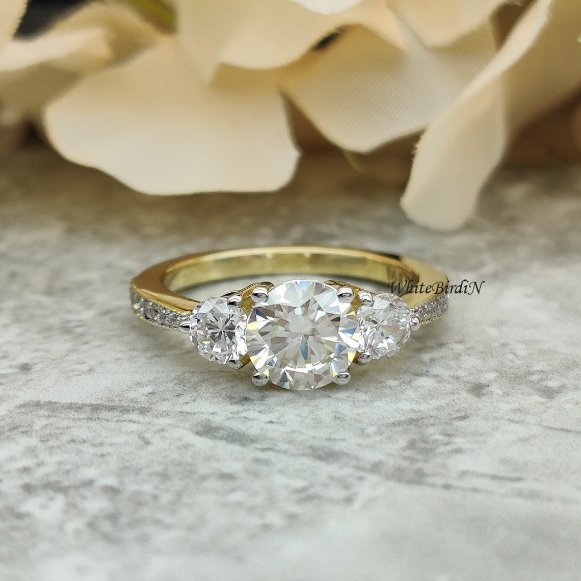 Three Stone Engagement Ring / 2.00 CT Round Moissanite Ring / - Etsy