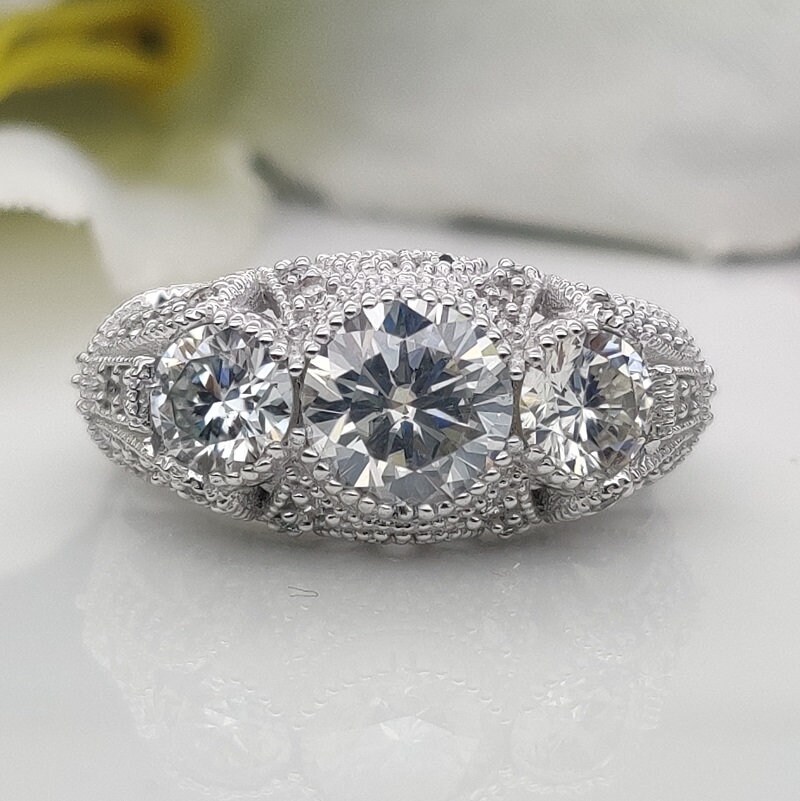 3 Stone Round Cut Moissanite Ring Art Deco Engagement Ring 14K White ...