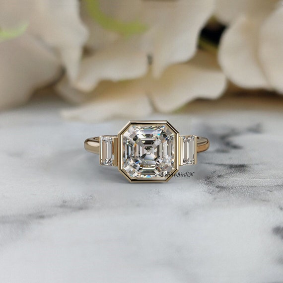 2 Carat Asscher Cut Lab Grown Diamond Ring Asscher Cut Diamond Ring Three Stone Ring Bezel Set Engagement Ring 18K Gold Ring Etsy
