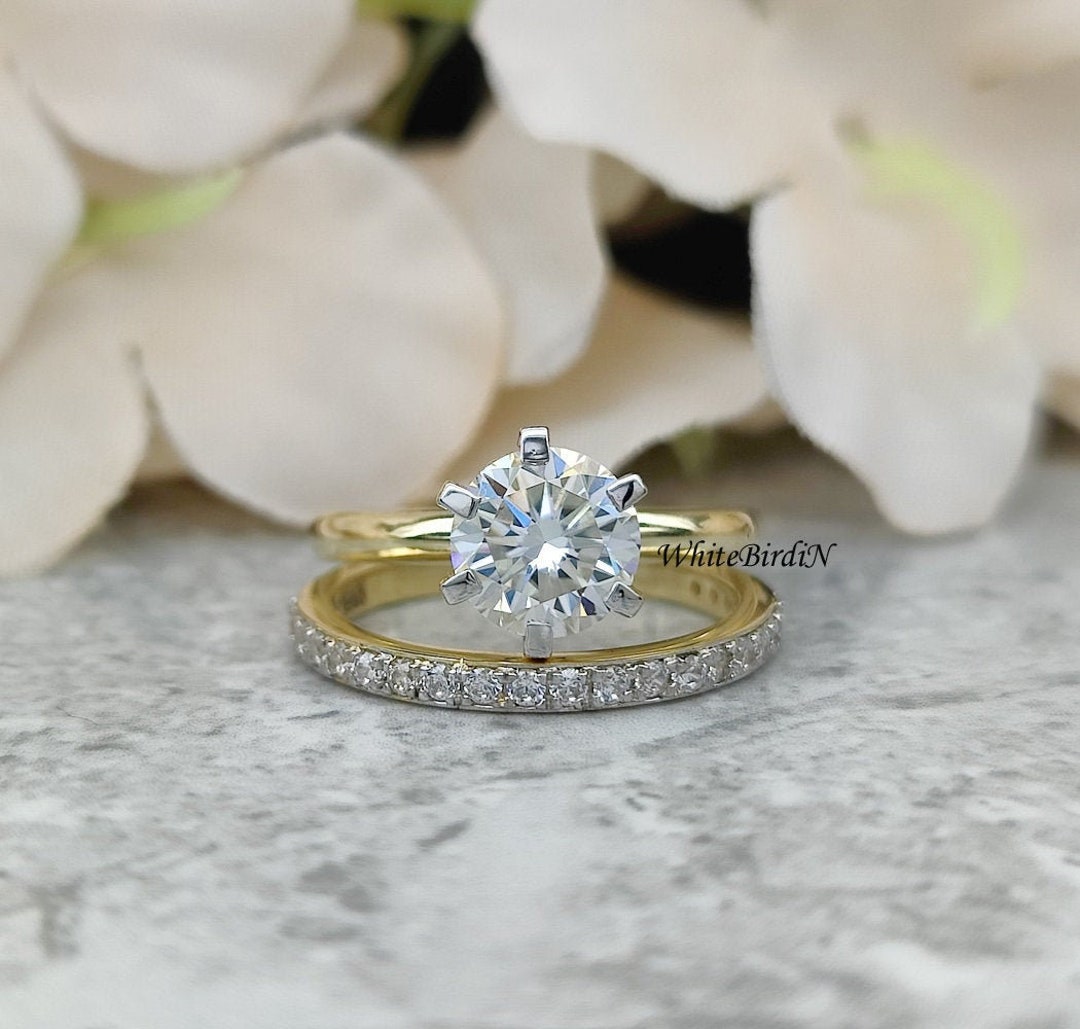 14K Yellow Gold Wedding Set 1.80CT Round Cut Moissanite Bridal Ring Set ...